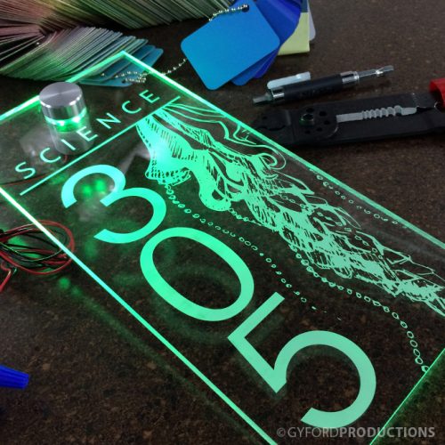 LED StandOffs hold Routed Sign | Gyford Standoff Systems